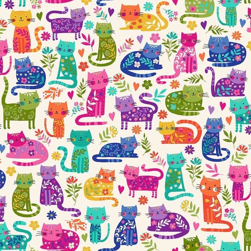 Katie's Cats 2348 Allover Bright Multi Cats on Cream by Makower fabrics ...