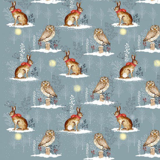 Winter Moon 80970101 Rabbits & Owls on blue by Nutex fabrics - Quilters Den