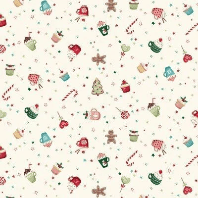 2569Q Cosy Sweet Treats Cream Christmas Fabric by Makower - Quilters Den